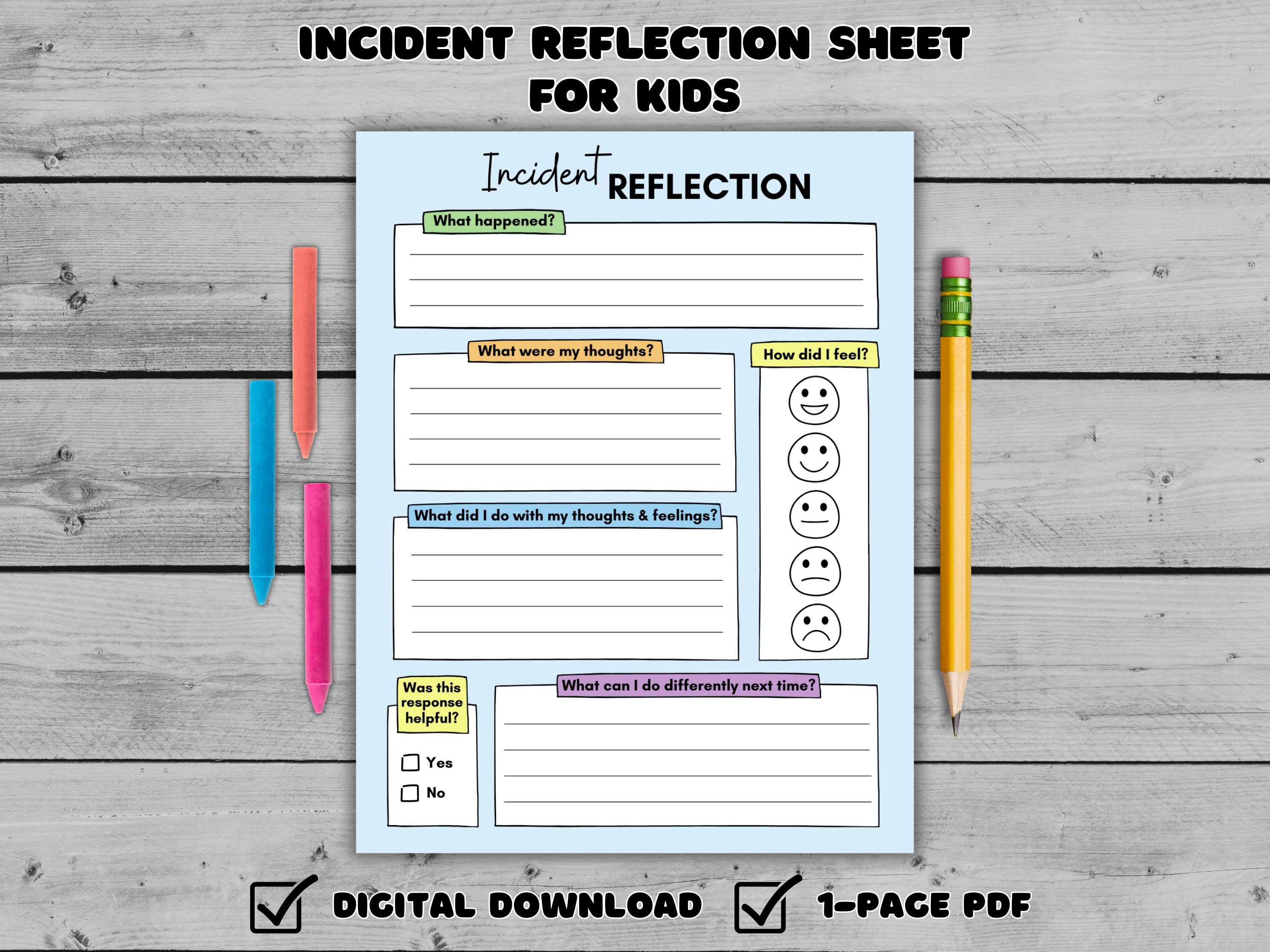 Incident Reflection Sheet for Kids: Behavior Management Resource - Etsy