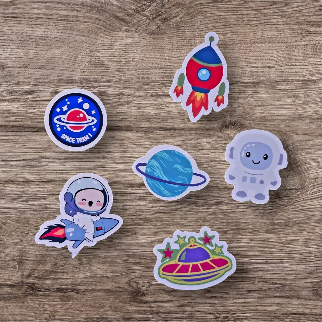 Set of 6 Cute Space Sticker Set – Rocket, Astronaut, UFO & Planet Vinyl ...