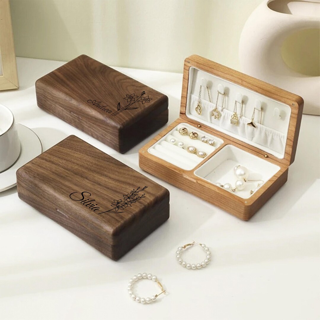 Wooden Jewelry Box With Personalized Birth Flower, Jewelry Travel Case ...