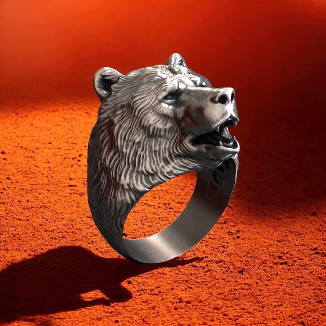 Sterling Silver Bear Head Ring: Grizzly Biker Animal Totem - Etsy