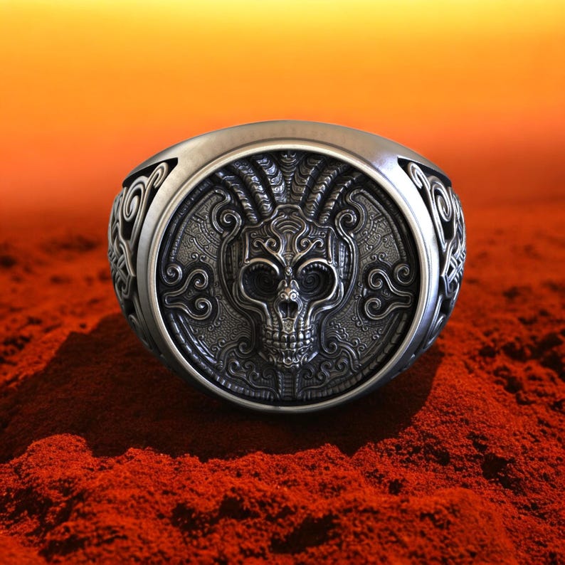 Demon Skull Ring, 925 Sterling Silver Gothic Biker Ring, Handmade ...