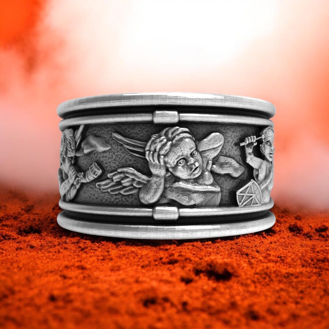 Sterling Silver Cherub Ring, Angelic Band, Baroque Style Ring, Guardian ...