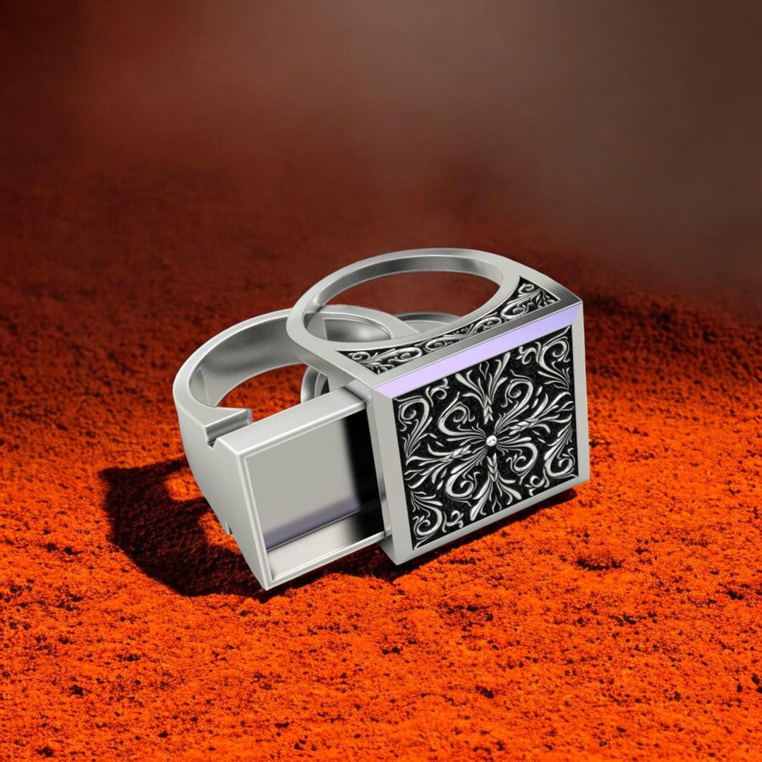 Square Pattern Secret Compartment Ring 925 Sterling Silver, Hidden Box ...