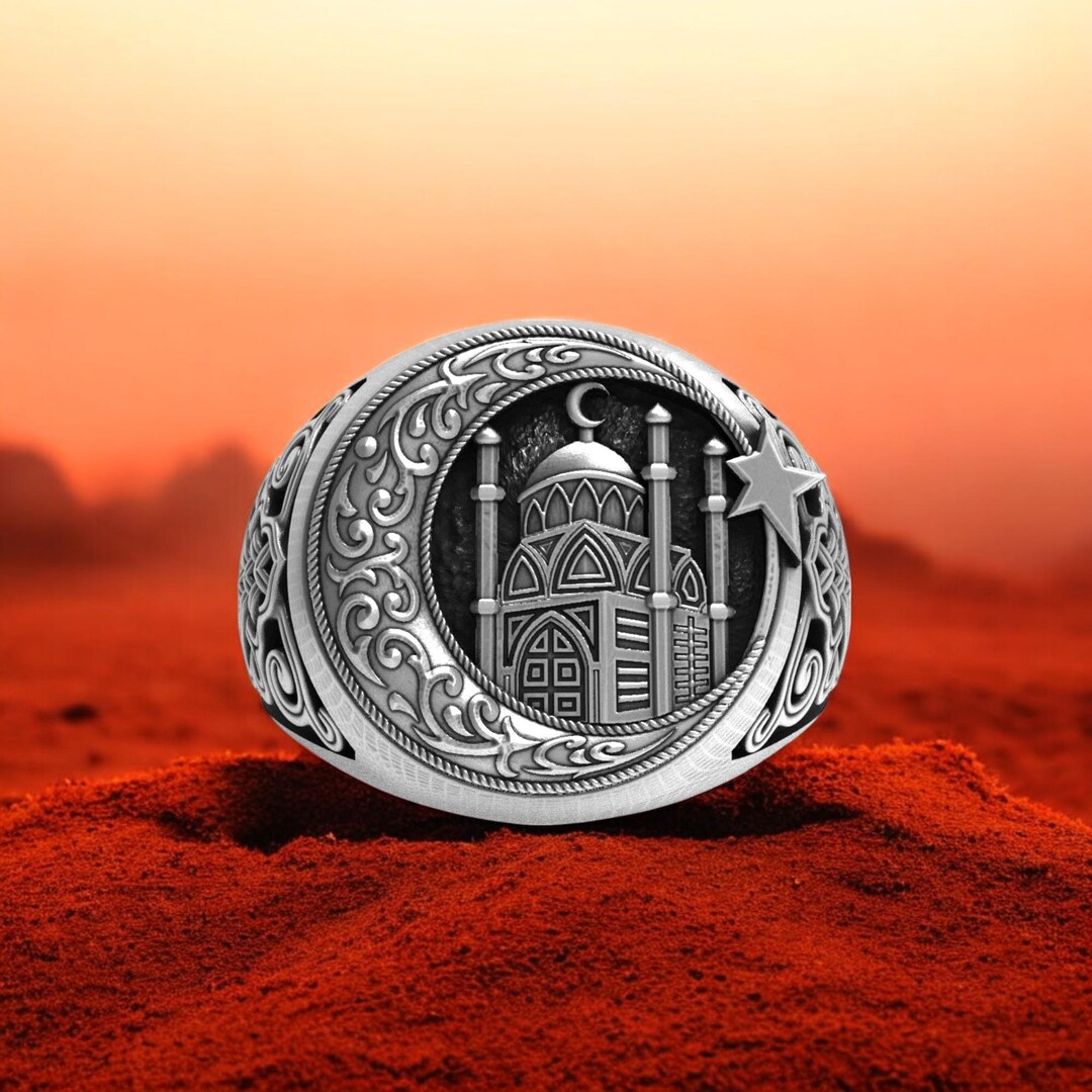 Islamic Sterling Silver Mosque Ring: Crescent Star Signet, Handmade ...
