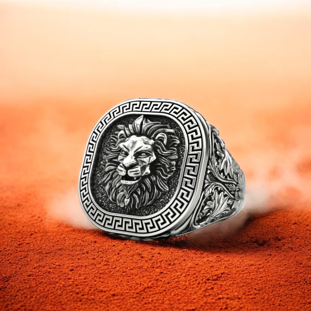 Sterling Silver Lion Head Ring: Greek Key Signet, Vintage Floral Detail ...