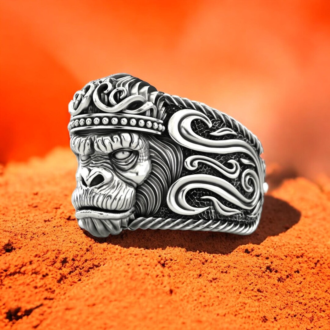 King Gorilla Ring for Men, 925 Sterling Silver Crowned Gorilla Ring ...