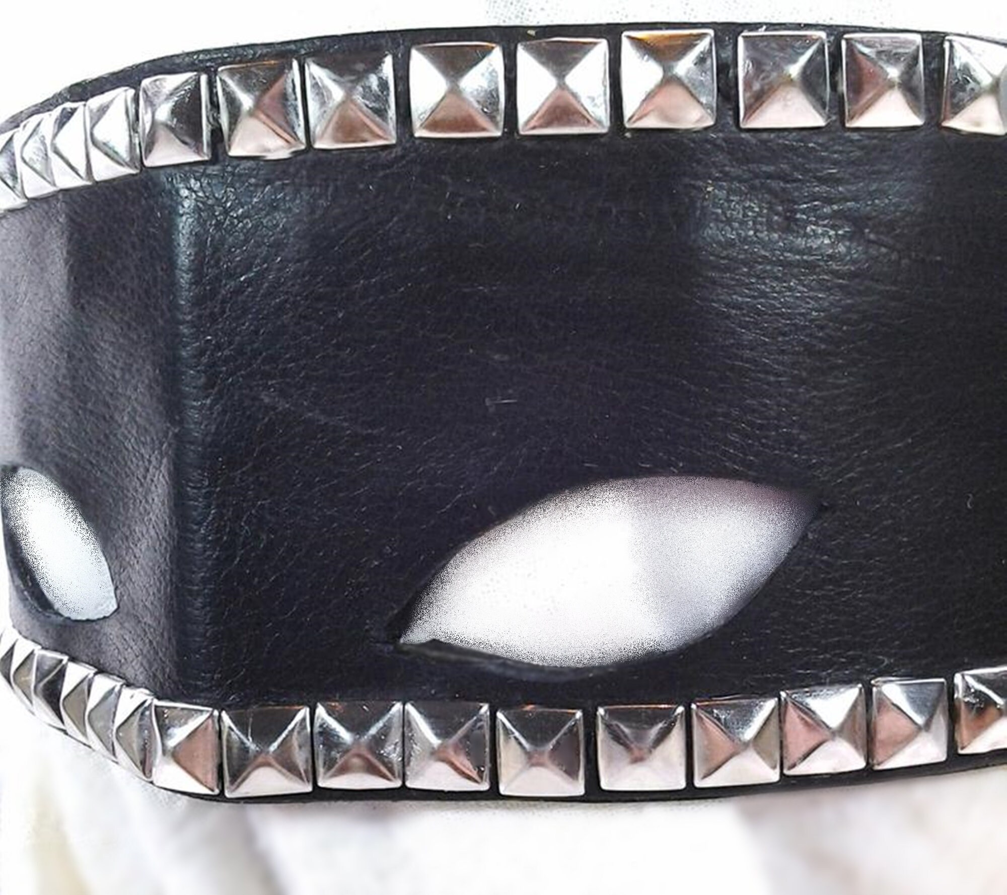 Studded Black Leather Voyeur Mask. Handset Chrome Pyramid Studs. Lined ...