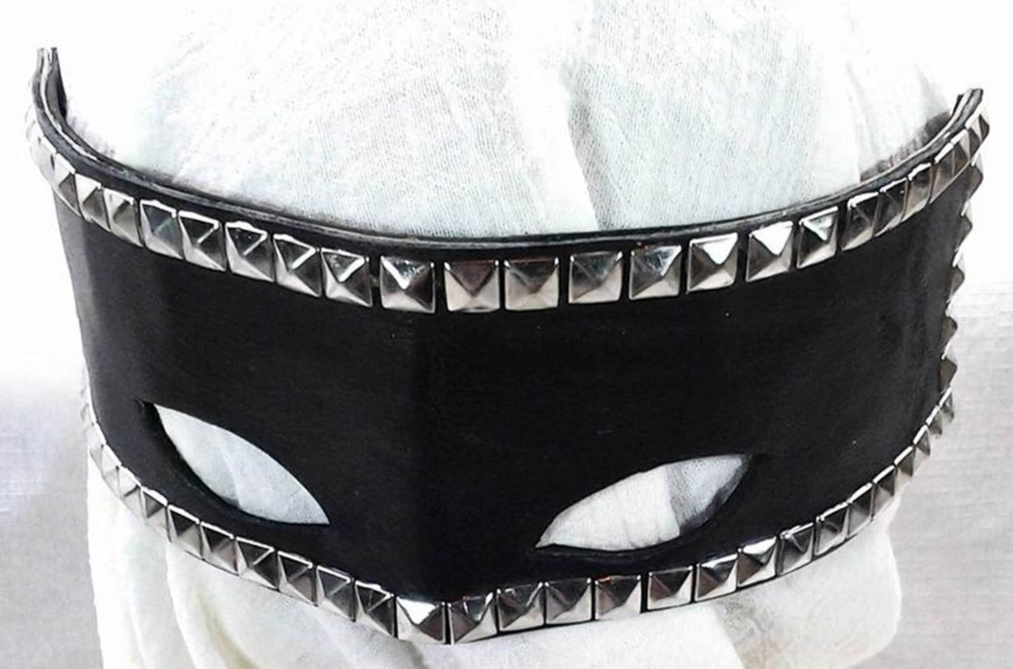 Studded Black Leather Voyeur Mask. Handset Chrome Pyramid Studs. Lined ...