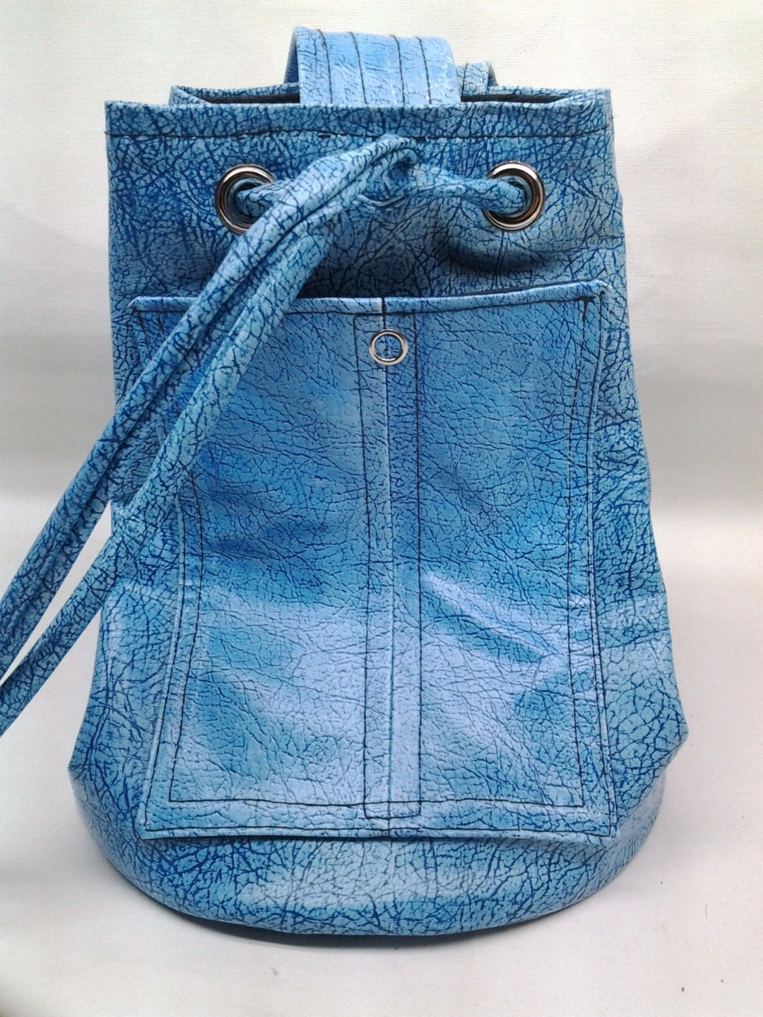 Blue Hand Dyed Faux Leather Bucket Bag. Outside Snap Pocket, Drawstring ...