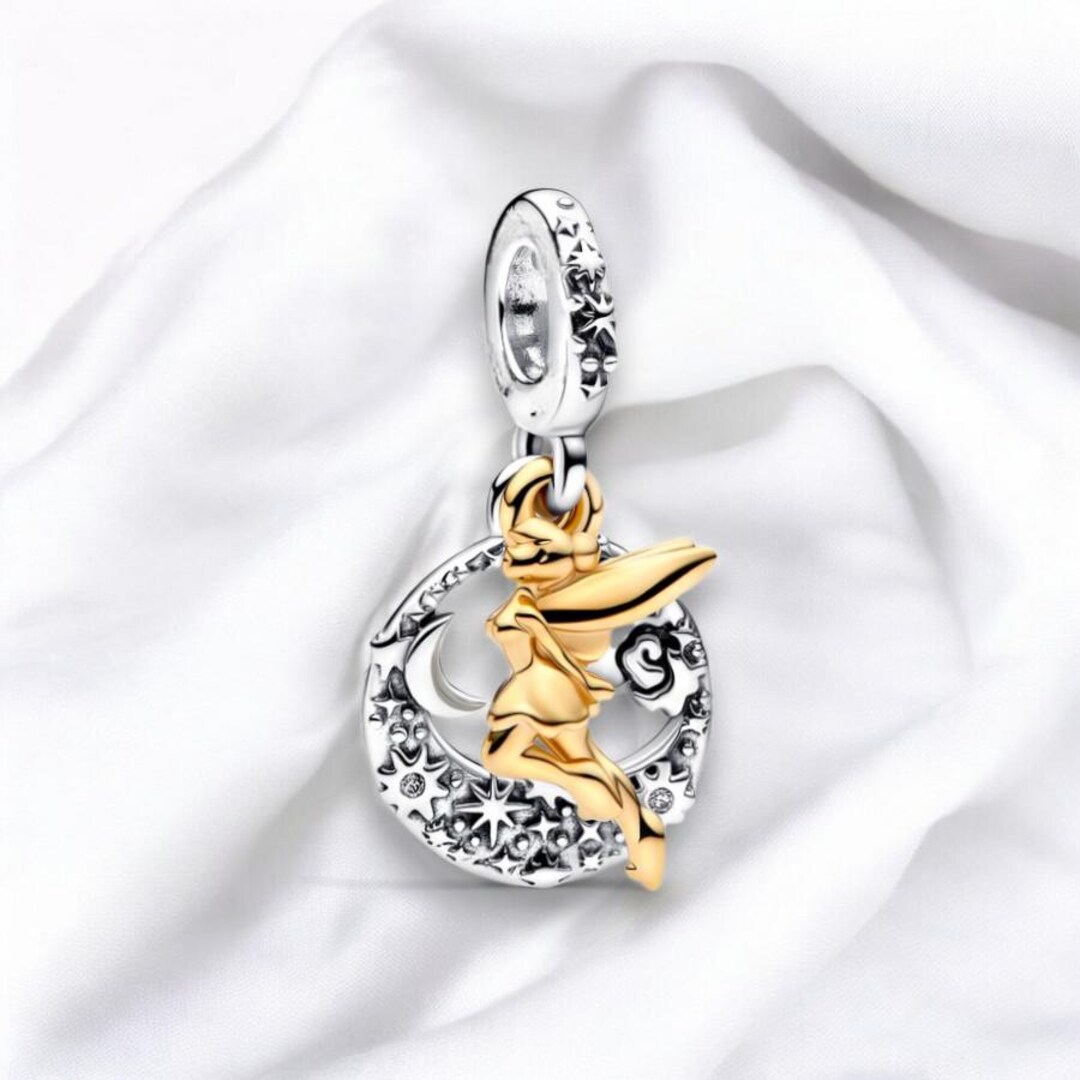 Two Tone Tinkerbell Charm, Cute Tinkerbell Celestial Pendant, Silver ...