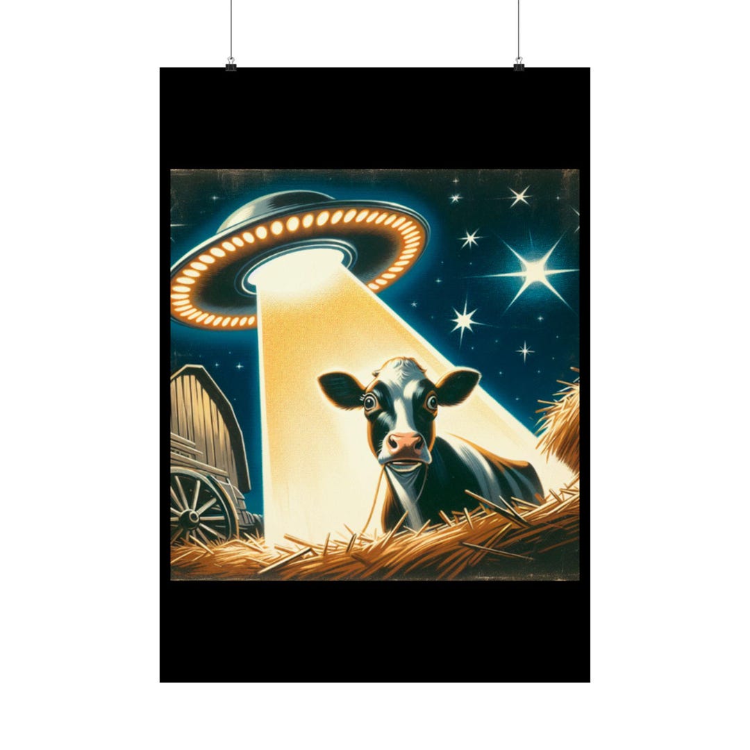 Vertical Poster, Cow Abduction Wall Art, Matte Print, Funny Farm Animal ...
