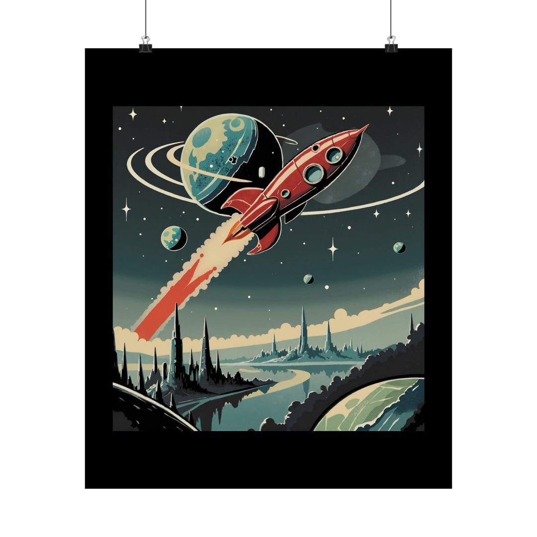 Vertical Posters, Retro Rocket Zooming Through Galaxy, Matte Print for ...