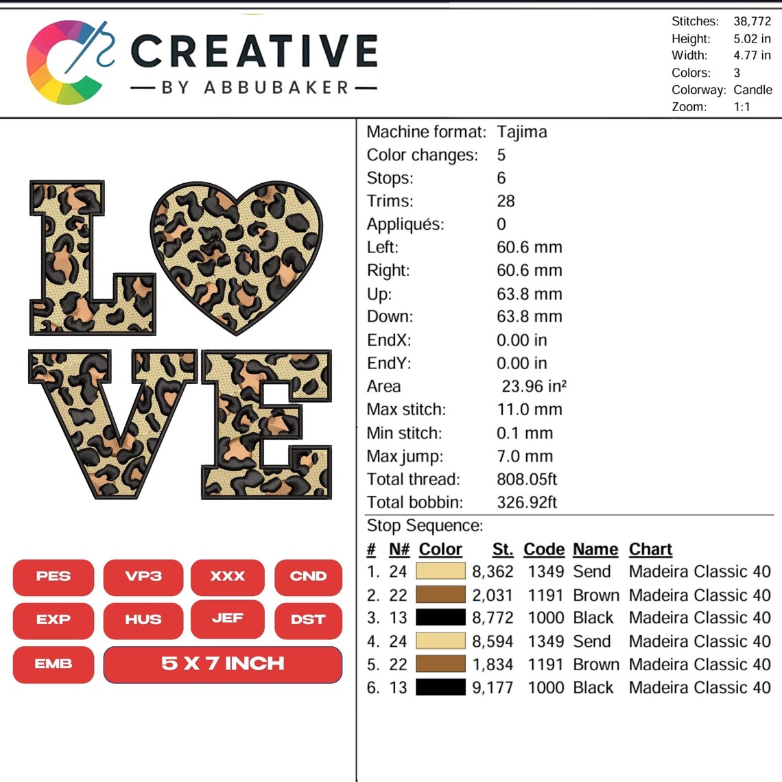 Leopard Print LOVE Embroidery Design | Heart, 5x7, 4x4 (instant ...