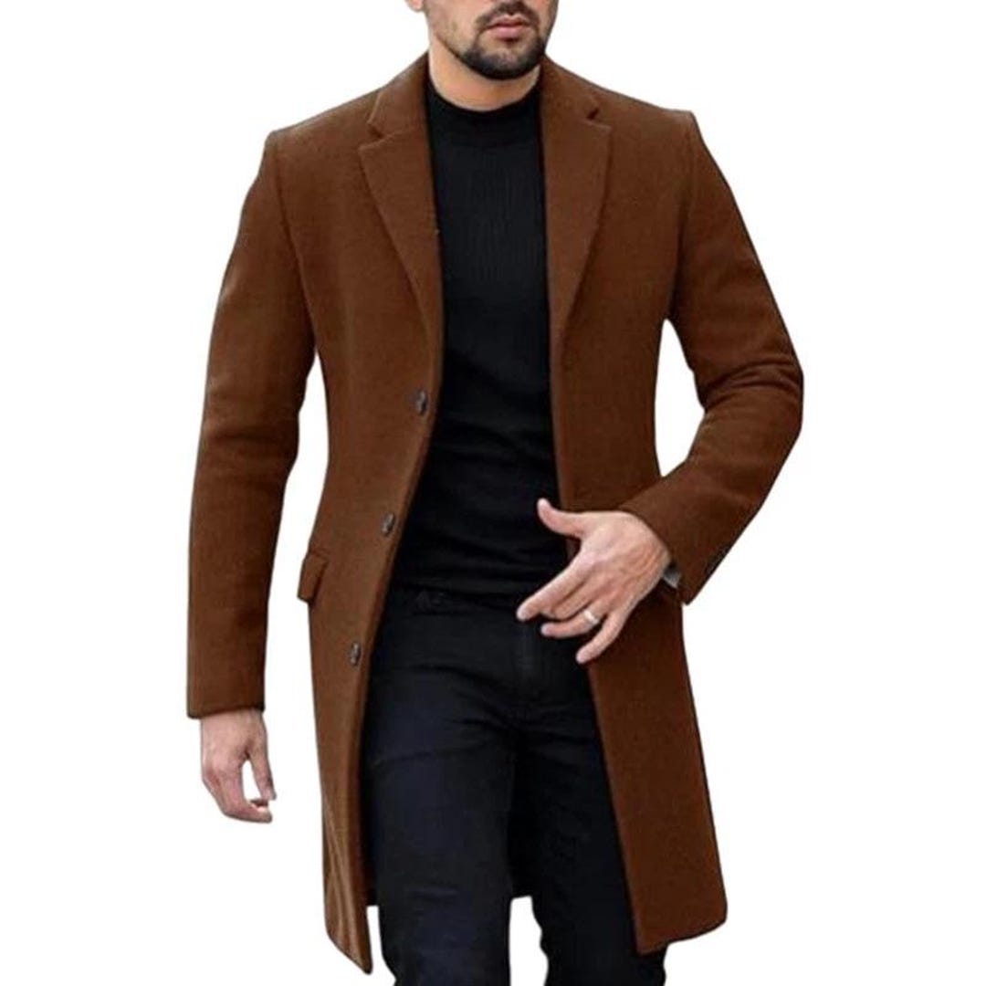 Men's Brown Winter Pea Coat Trench Single Breasted | Handmade Notch ...