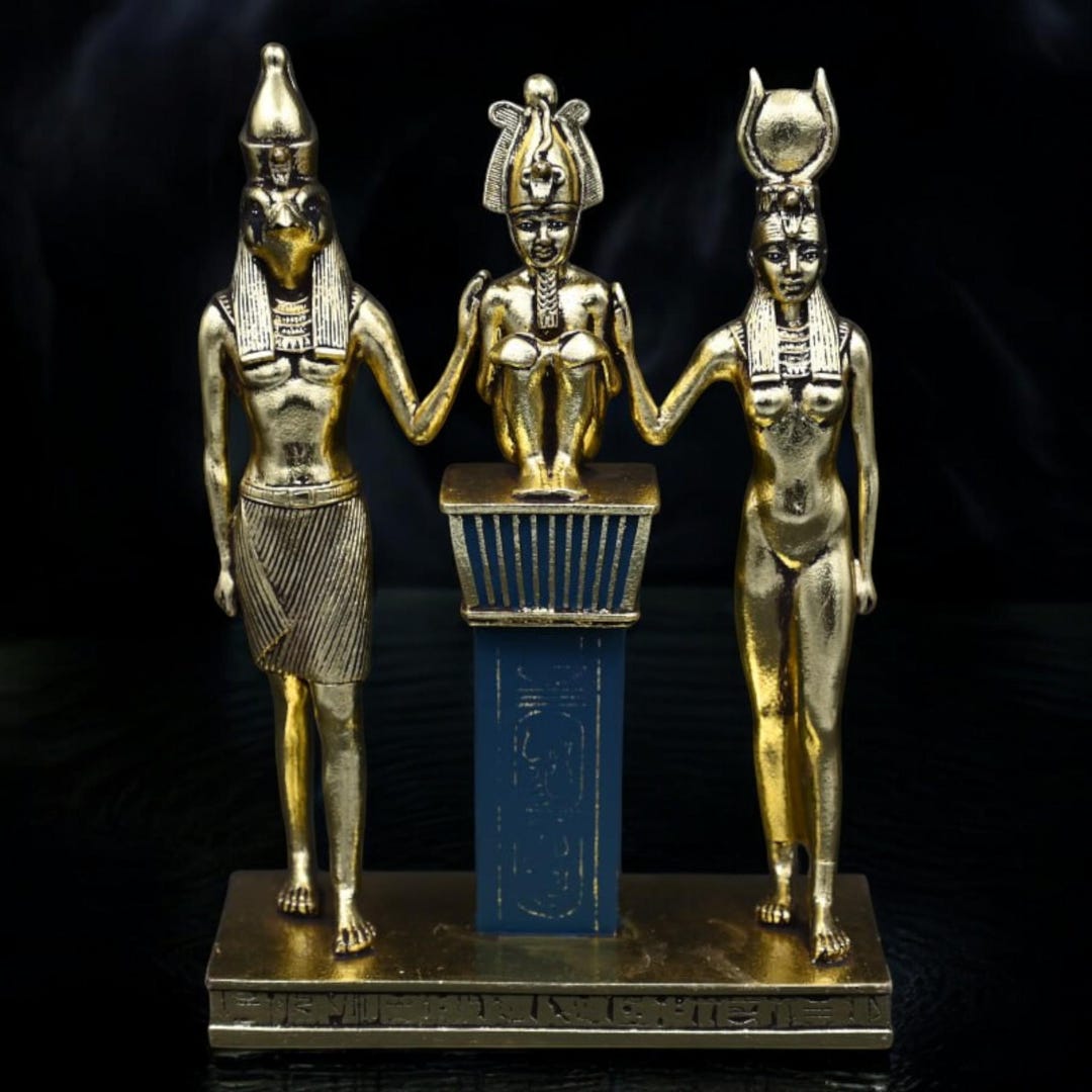 Golden Triad Statue Osiris, and His Son Horus With the Head of a Falcon ...