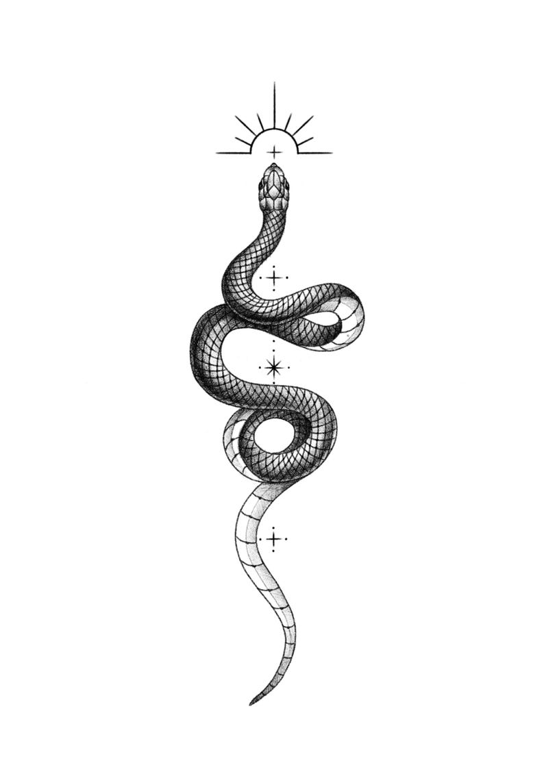 Snake Sun Ornamental Hand Drawn Fine Line Boho Tattoo Style Printable ...