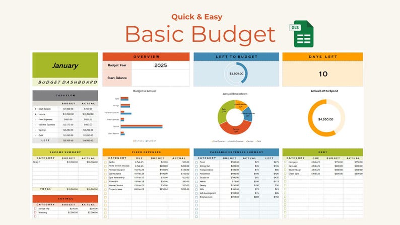 Simple Monthly Budget Spreadsheet Template for Excel, Paycheck Budget ...