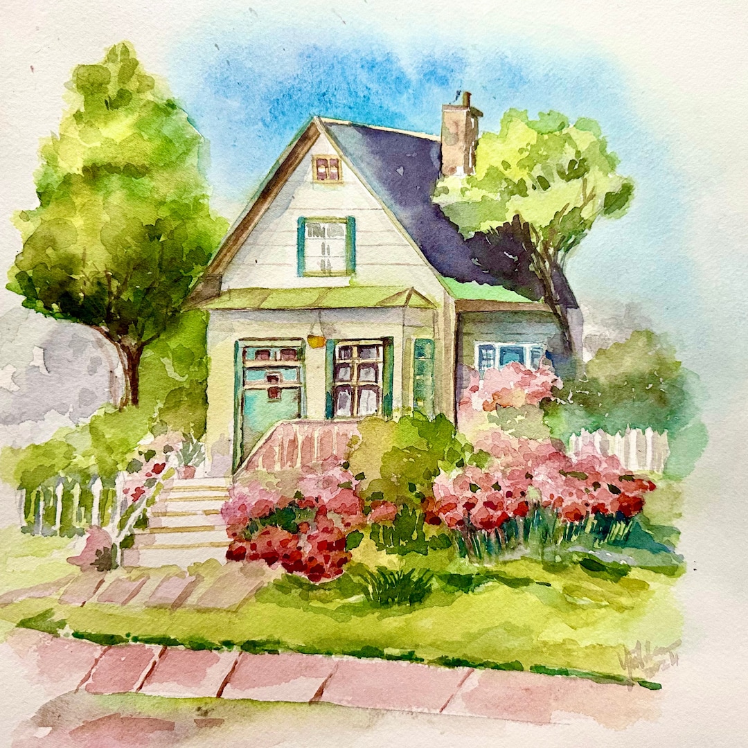 House Watercolor Painting, Original Art, House With Garden Painting ...