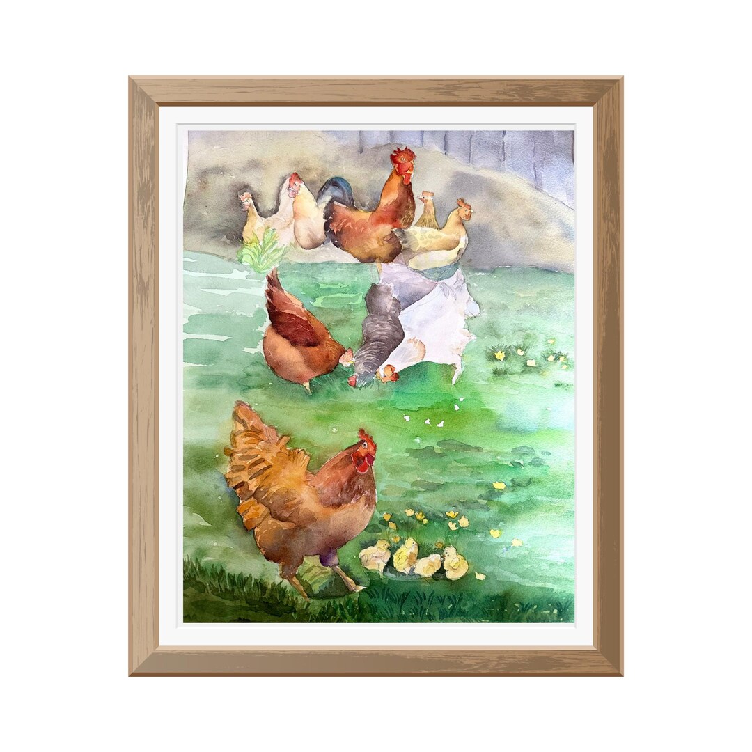 Farm Original Watercolor Painting, Rooster Painting , Hen Wall Decor ...