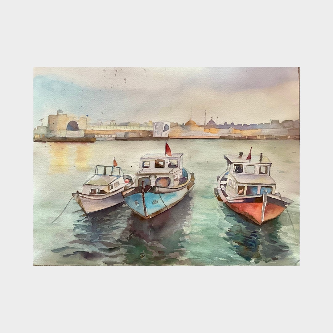 Original Istanbul Harbor Watercolor Painting, Handmade Wall Decor ...