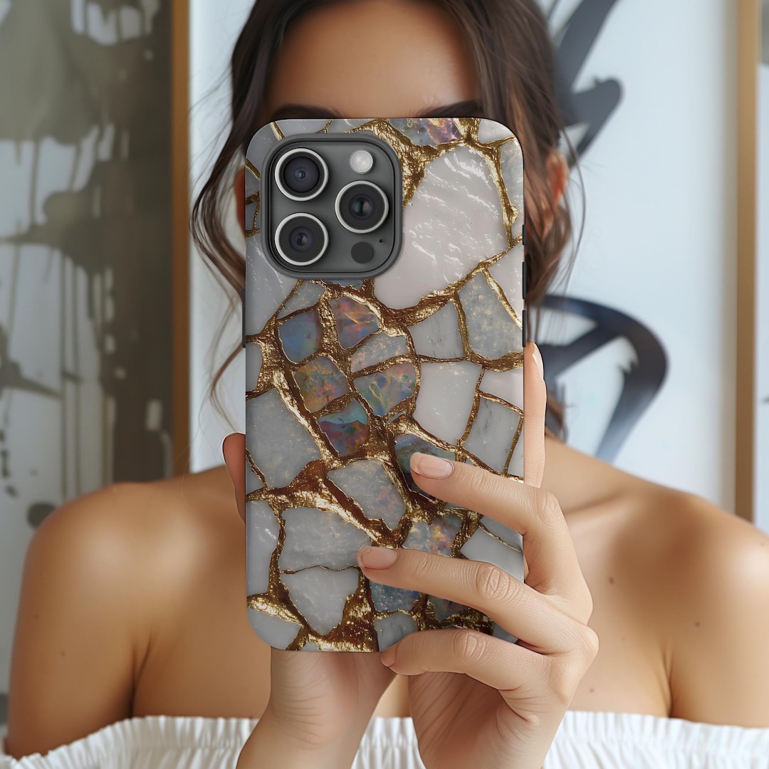 Kintsugi Gold Cracked White Marble Iridescent Mosaic Tough Phone Case ...