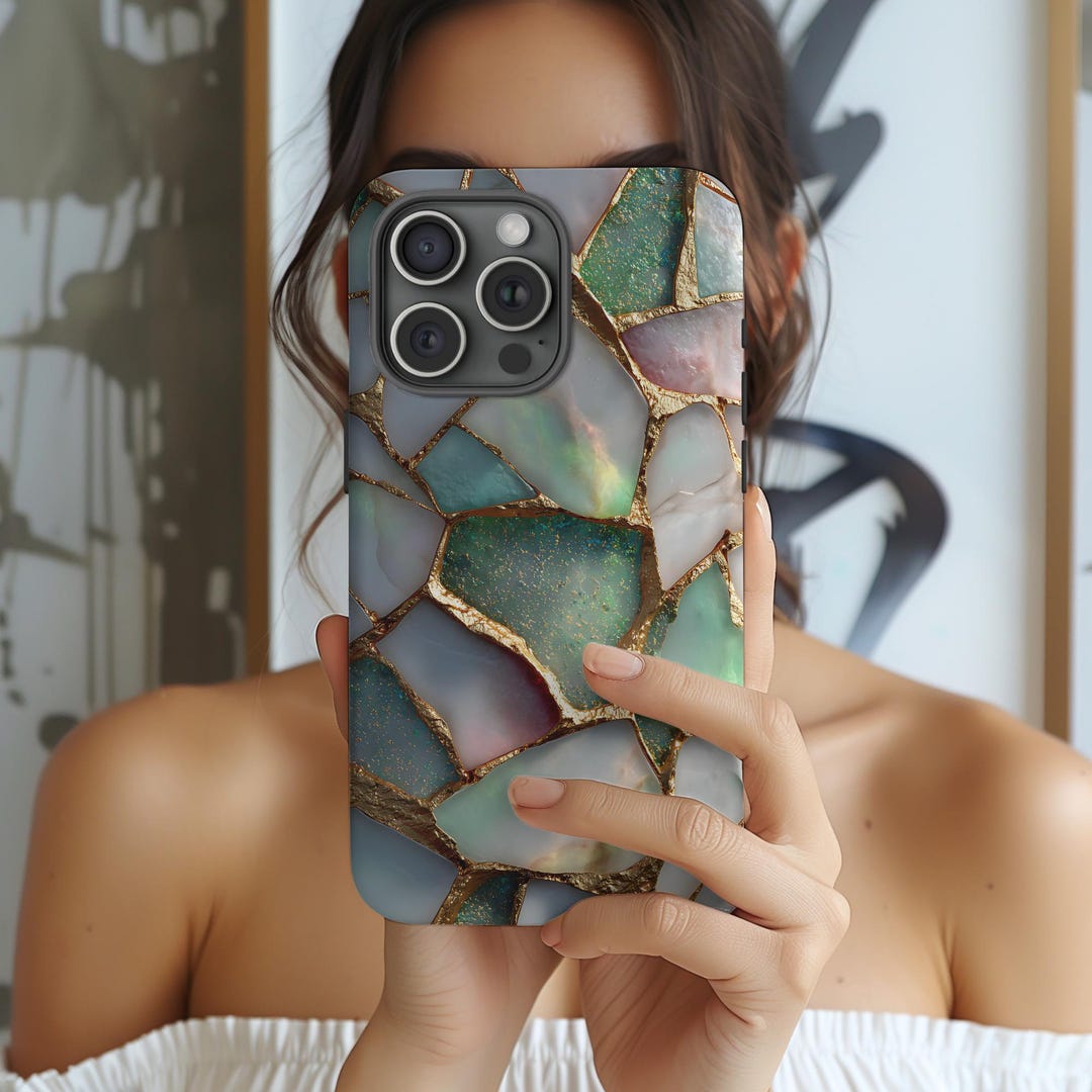 Iridescent Mint Opal Gold Vein Kintsugi Mosaic Stone Art Print Tough ...