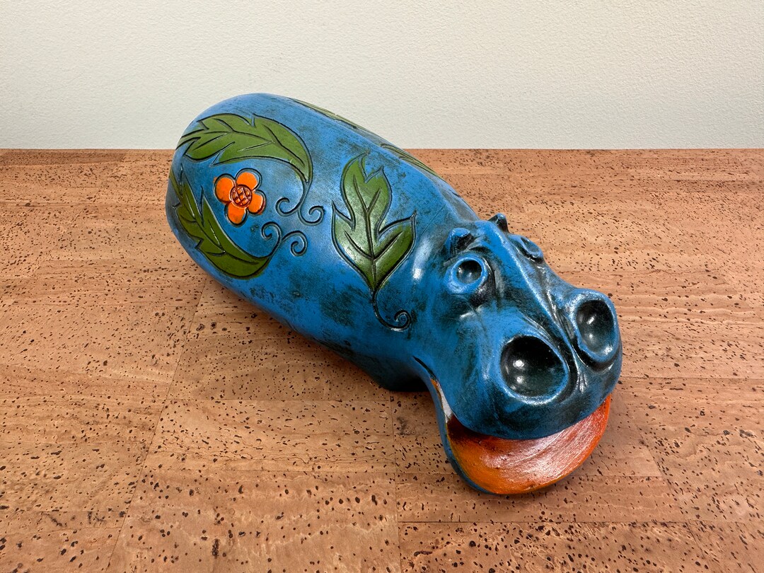 Vintage Retro Hippo Coin Bank | Blue With Flowers and Leaves - Etsy