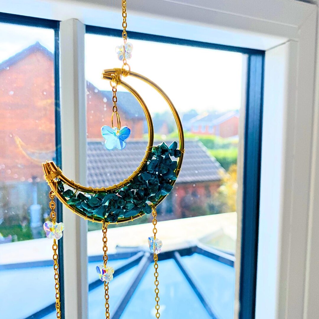 Crystal Moon Sun Catcher, Green Stone, Rainbow Reflector, Spiritual ...
