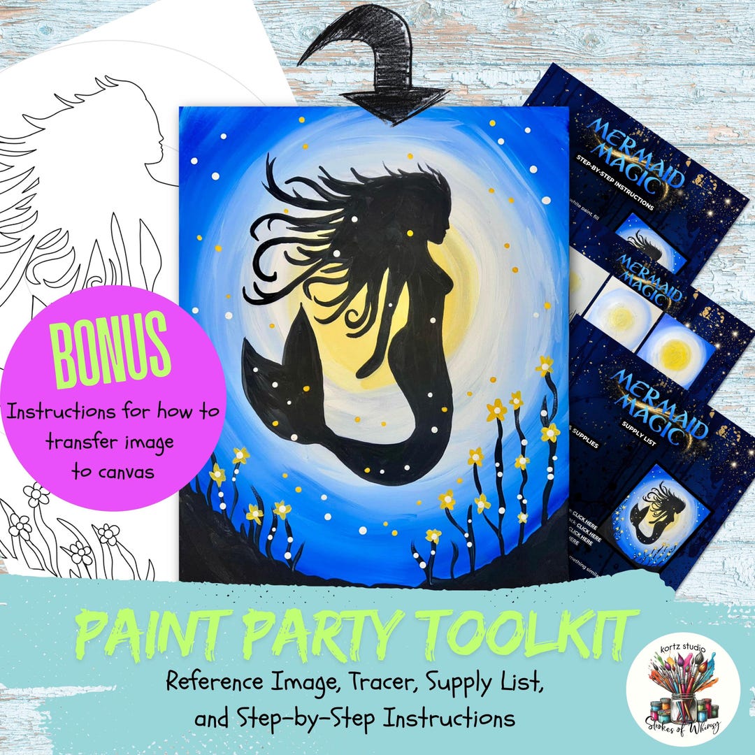 Mermaid Magic Digital Paint Kit | DIY Paint Party Toolkit | Printable Tracer & Instructions ...