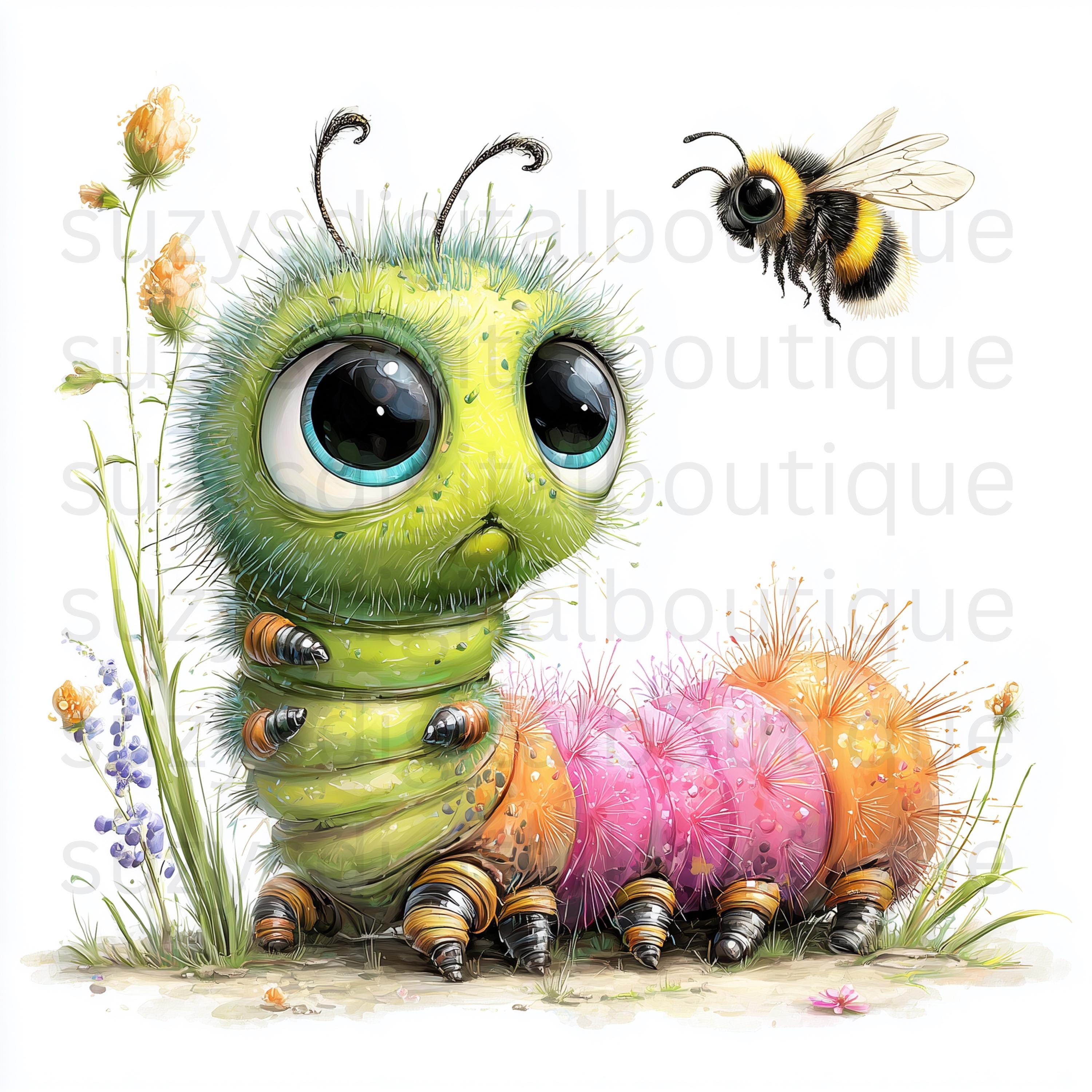 Watercolor Caterpillar Clipart Bundle | Fuzzy Spring Bug, Bee ...