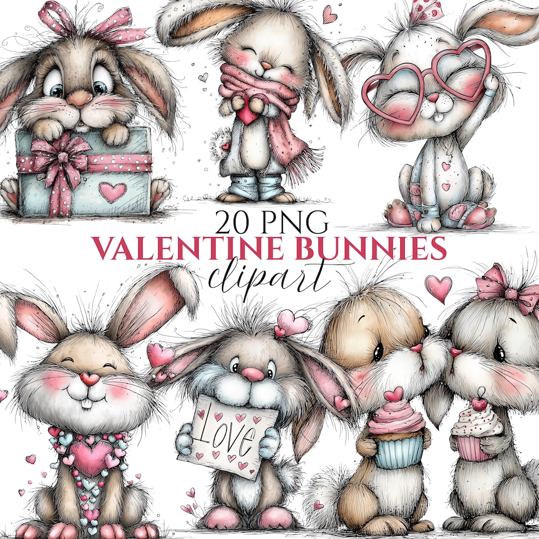Whimsical Valentine Bunny Clipart Bundle, Cute Valentine PNG (digital ...