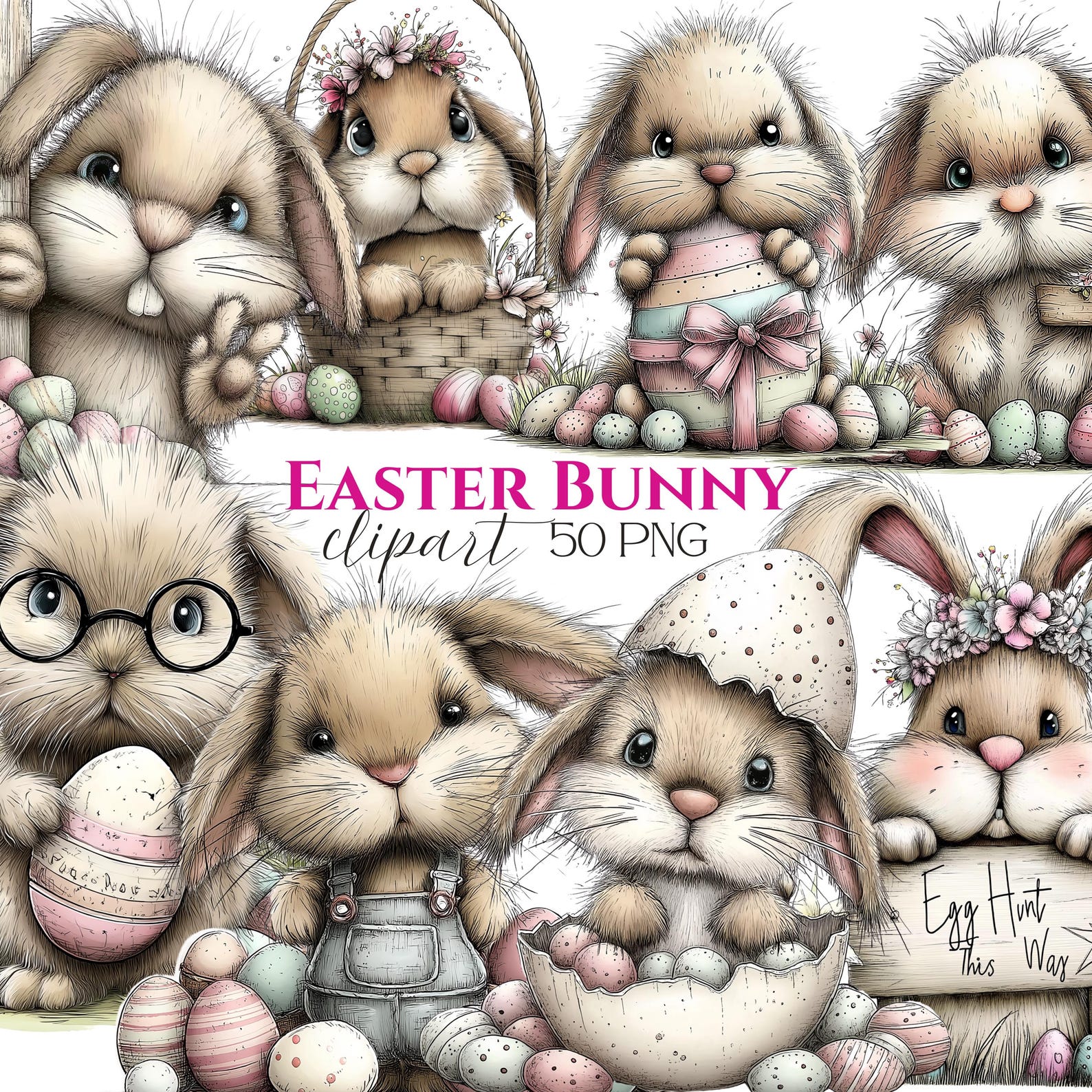 Easter Bunny Clipart Bundle, Spring PNG Graphics (digital Download - 50 ...
