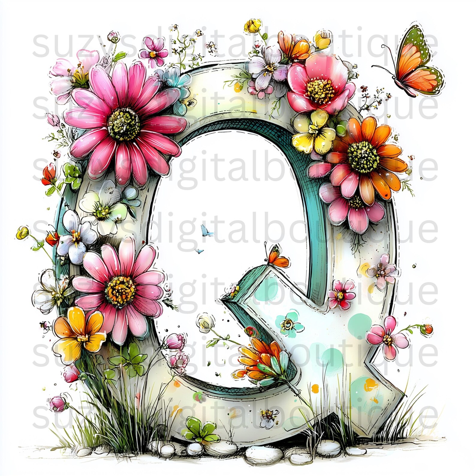 Floral Alphabet Clipart Bundle, Whimsical Flower Monogram Numbers ...