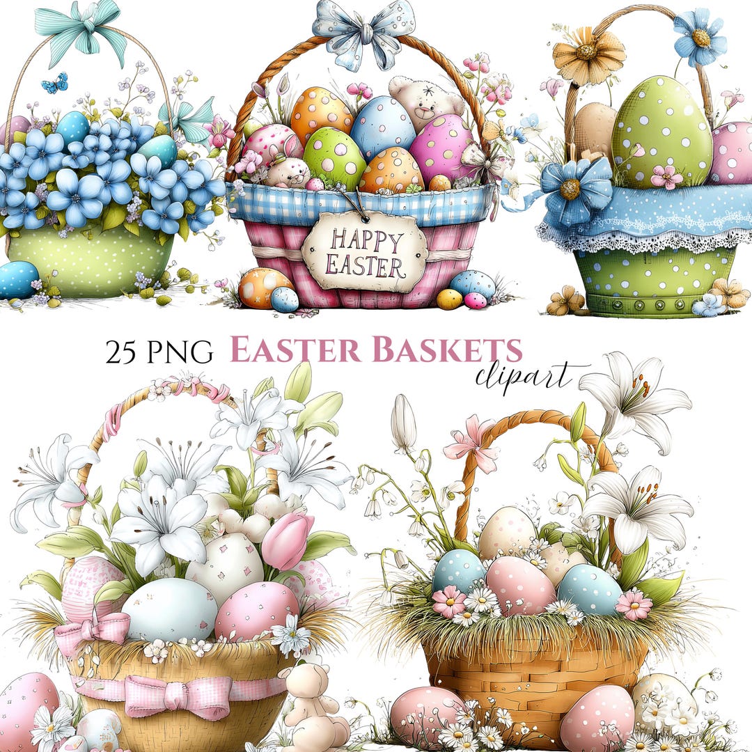 Watercolor Easter Basket Clipart – Whimsical Pastel Eggs, Floral ...