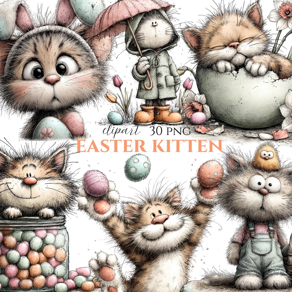 Paquete de imágenes prediseñadas de gatitos de Pascua, PNG de gato y ...