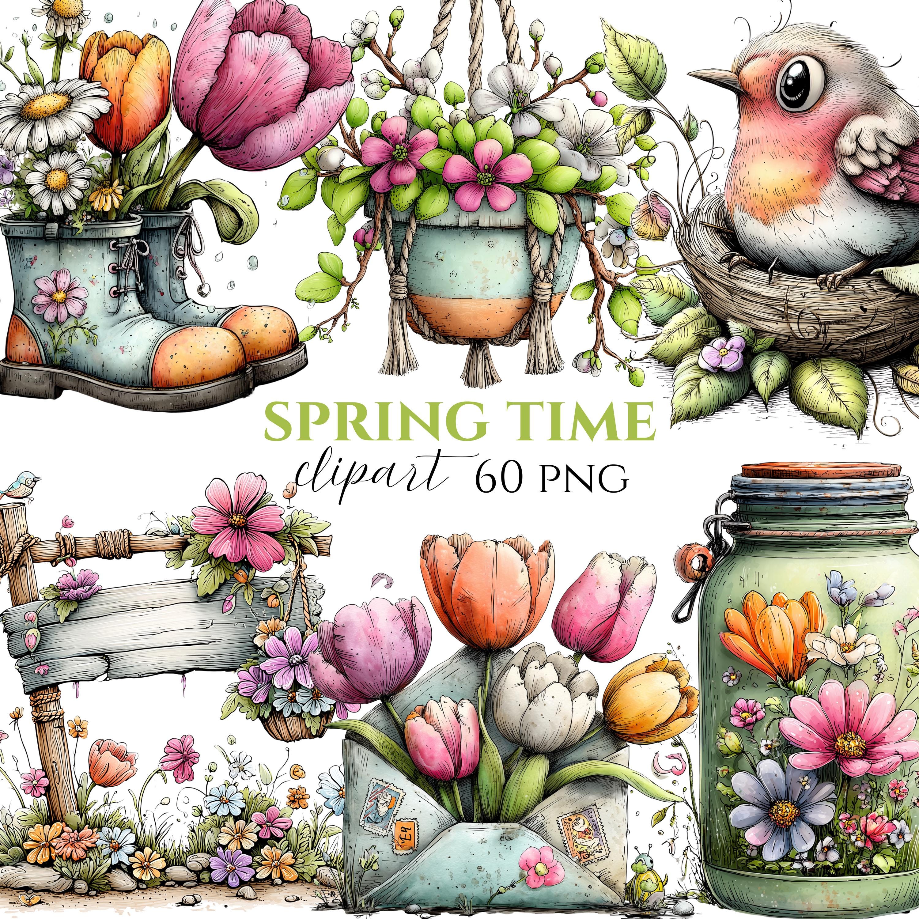 Watercolor Spring Florals Clipart | Cottagecore PNG Bundle (60) - Etsy