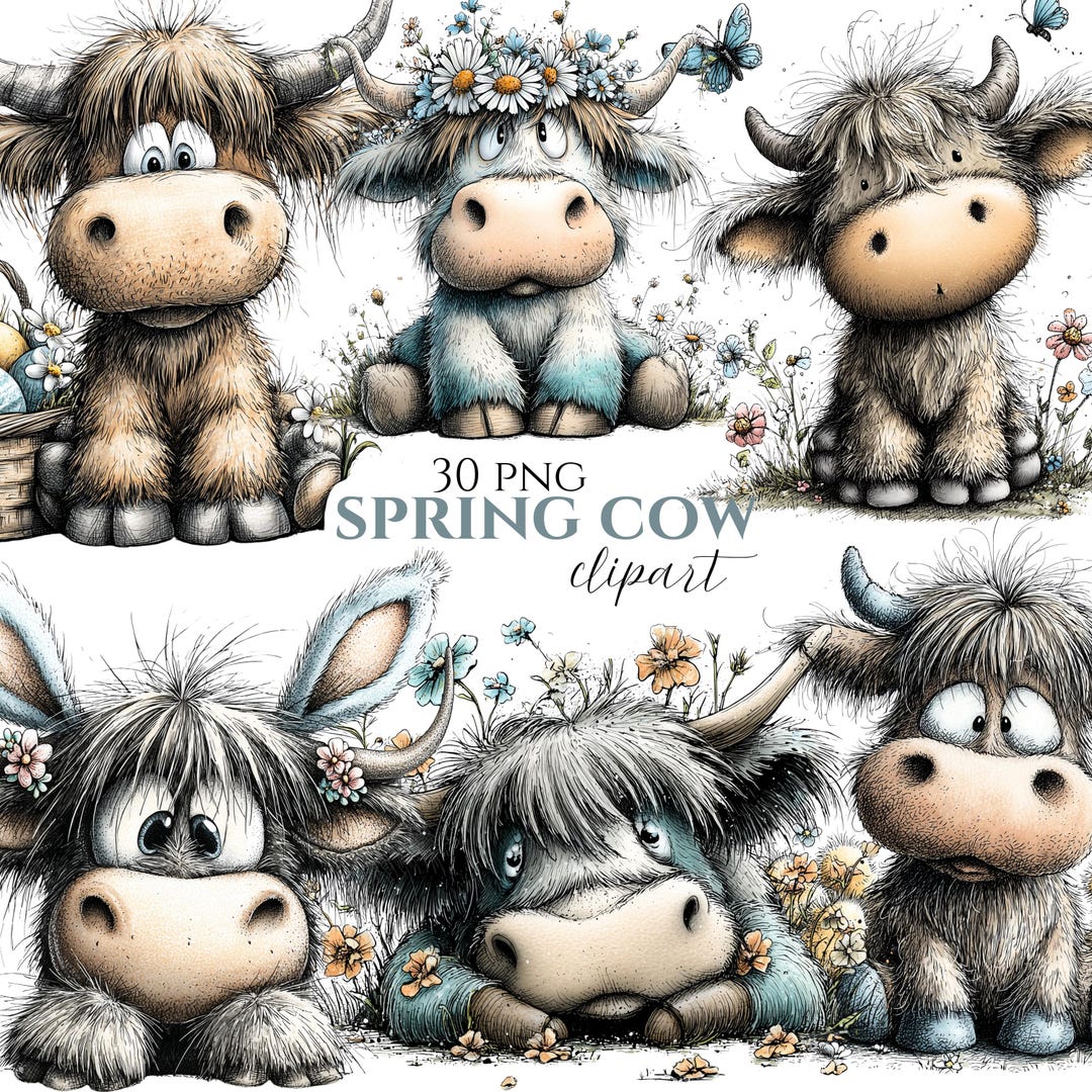 Watercolor Highland Cow Clipart Bundle, Spring Farm Animals (30 PNG) - Etsy