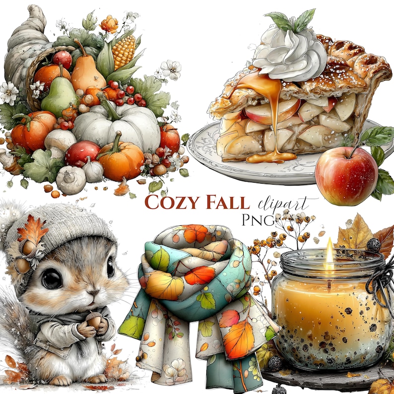 Cozy Autumn Watercolor Clipart, Fall Harvest Pumpkins Leaves ...