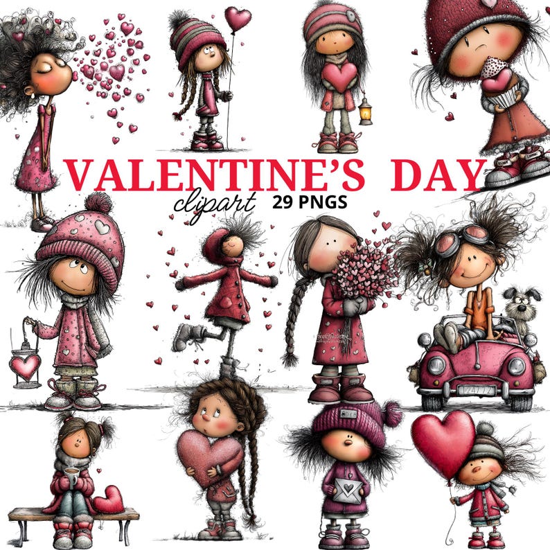Whimsical Watercolor Valentine Clipart Bundle, 29 Pngs (digital ...