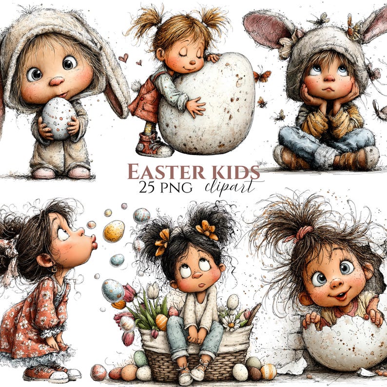 Whimsical Easter Kids Clipart – 25 Spring PNG Illustrations (digital ...