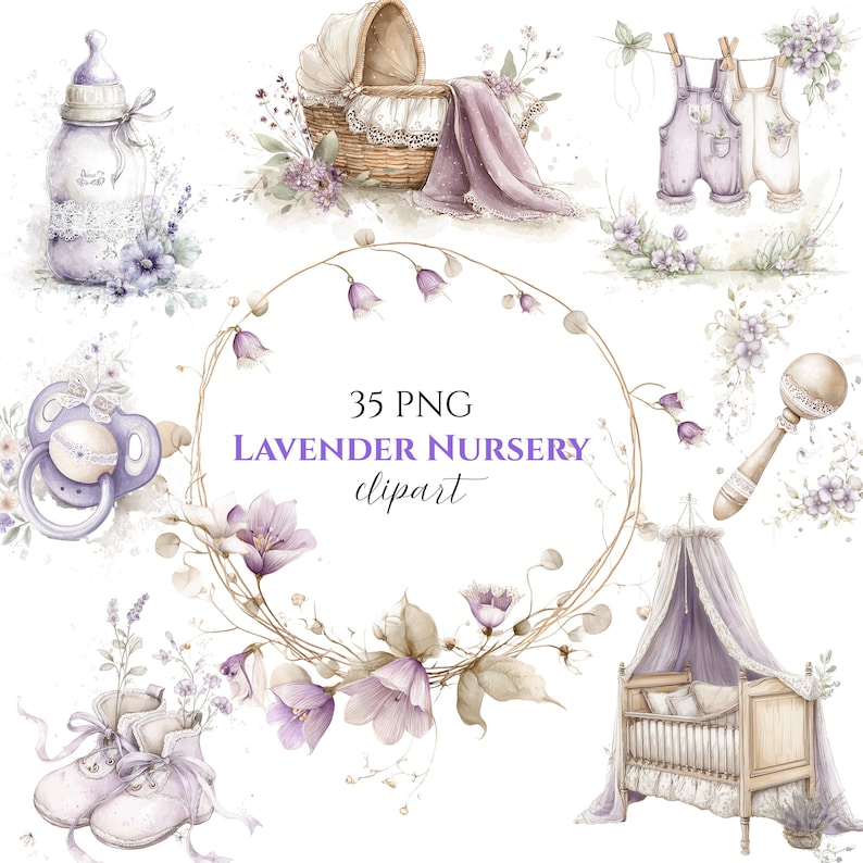 Vintage Lavender Nursery Clipart Bundle | Watercolor Baby Shower (35 ...