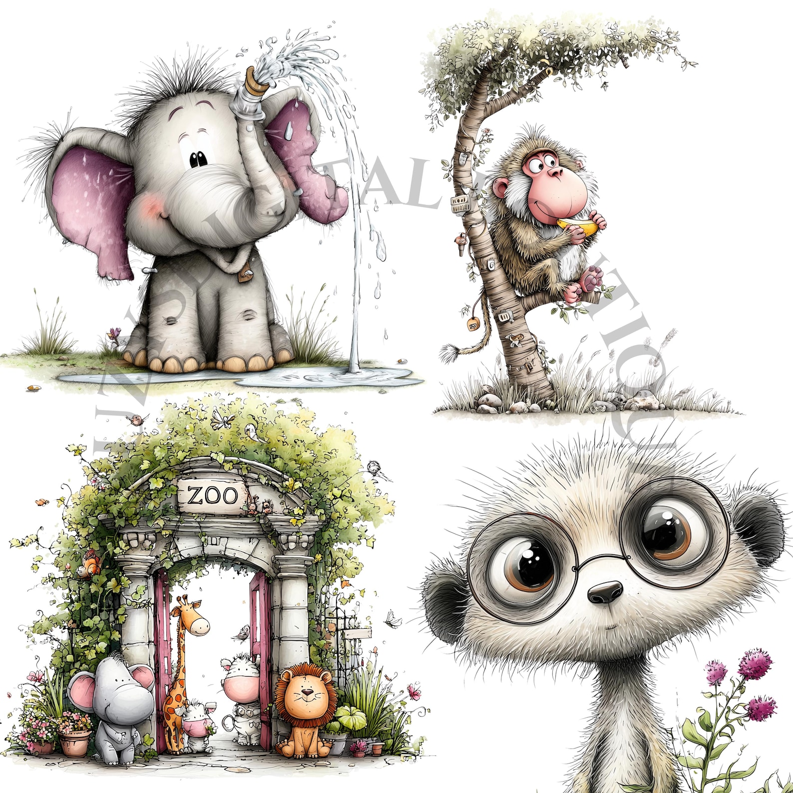 Whimsical Safari Clipart Bundle – Cute Jungle & Zoo Animals (digital ...
