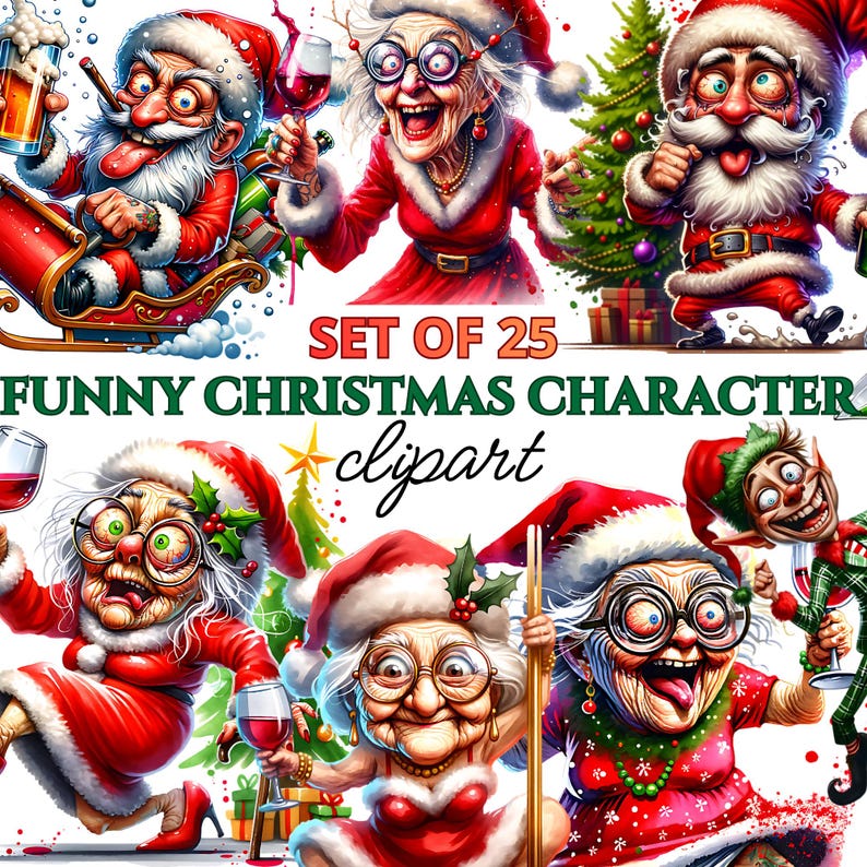 Funny Drunk Christmas Characters Clipart: Santa, Elf, Rudolph (PNG) - Etsy