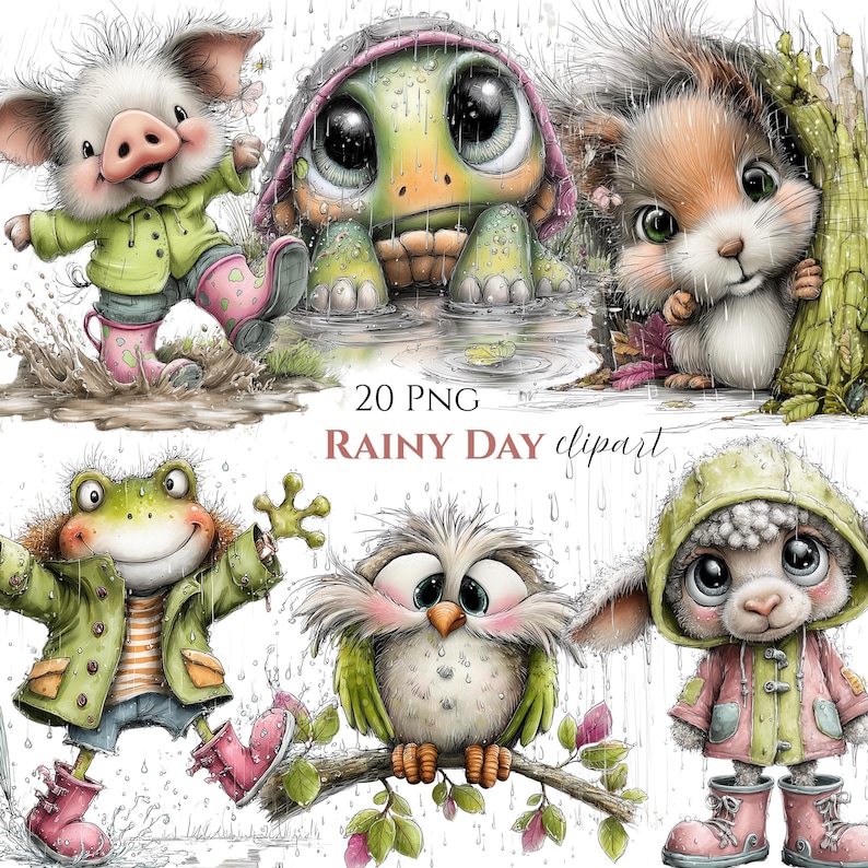 Rainy Day Animals Watercolor Clipart | Whimsical Animals With Umbrellas ...