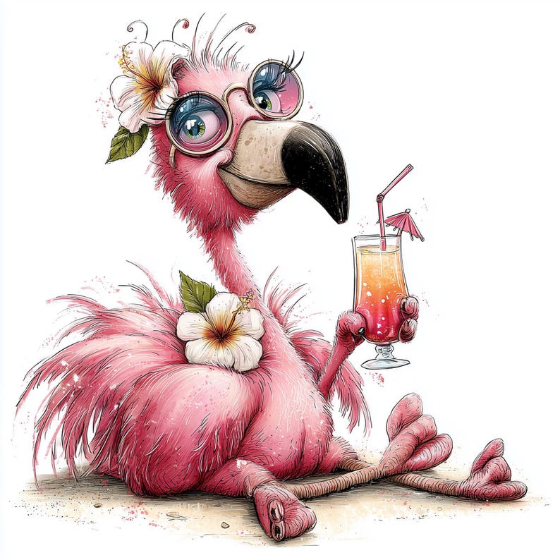 Quirky Flamingo Clipart, Tropical Summer Illustration (digital Download ...