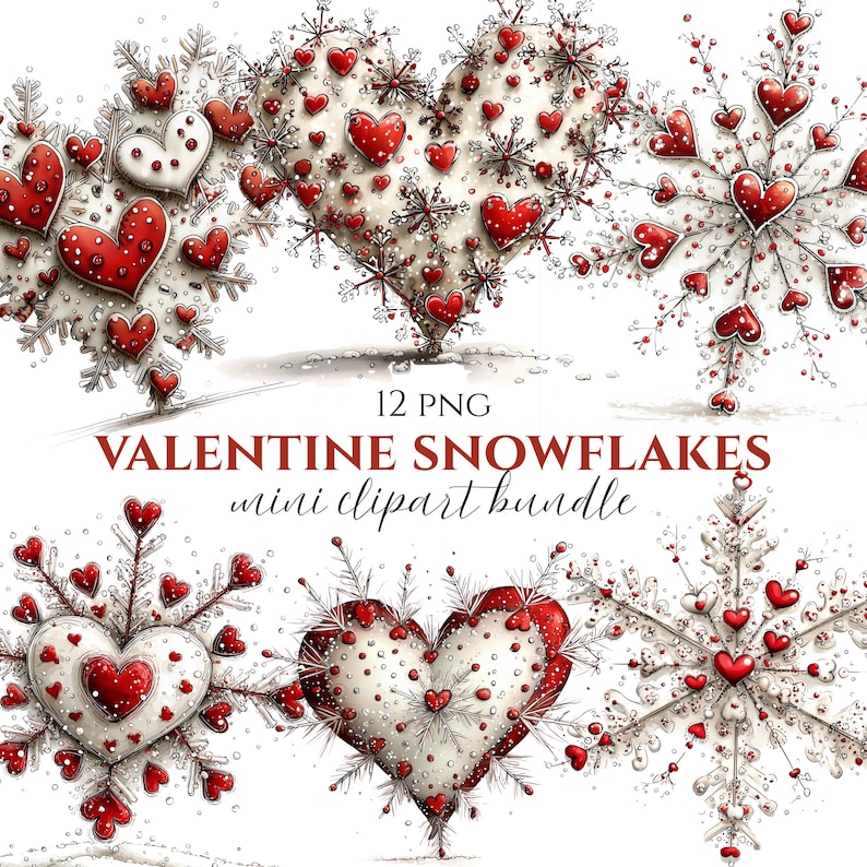 Valentine Snowflake Clipart Bundle (digital Download 12 PNG) Red Hearts ...