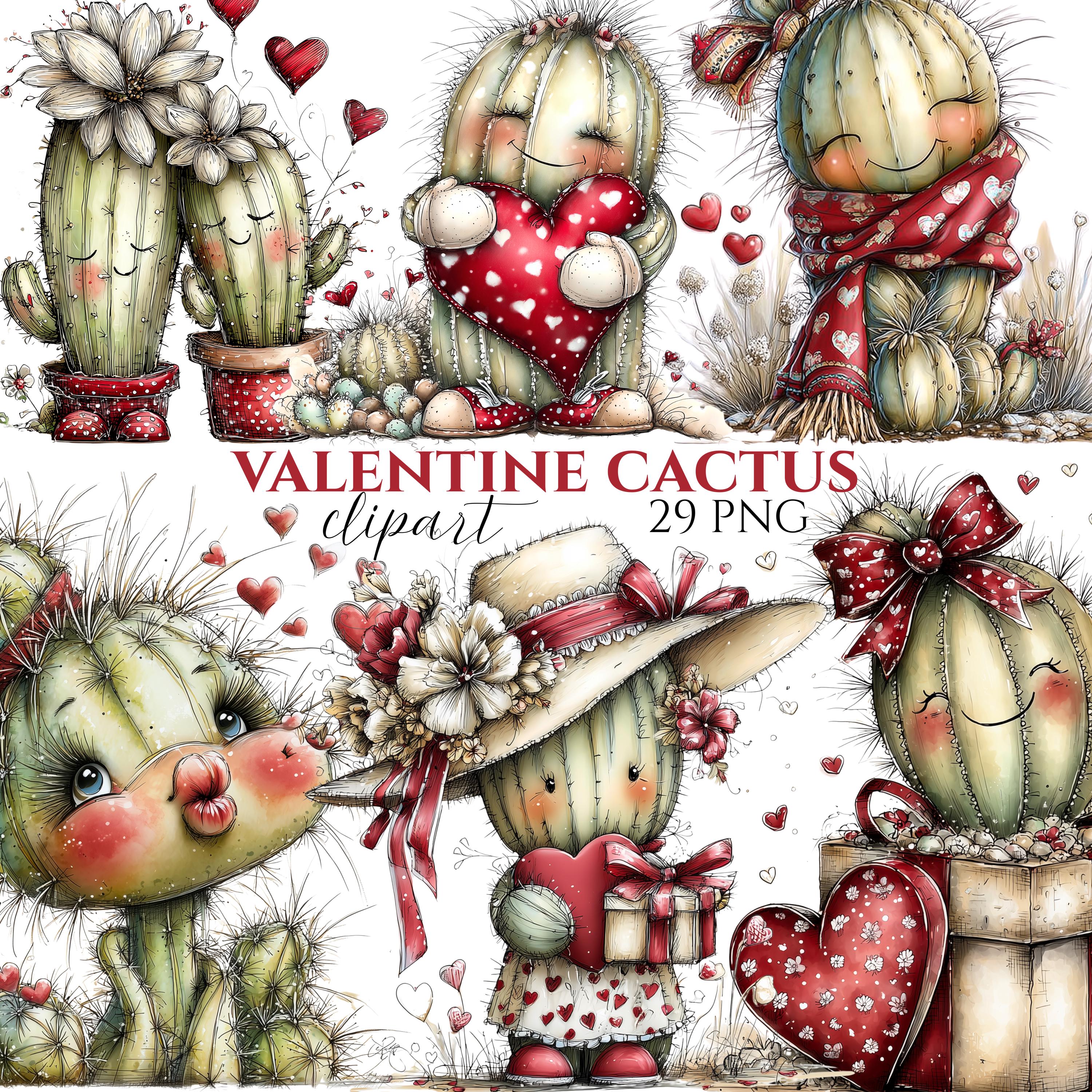 Watercolor Valentine Cactus Clipart Bundle, Kawaii Love Designs ...