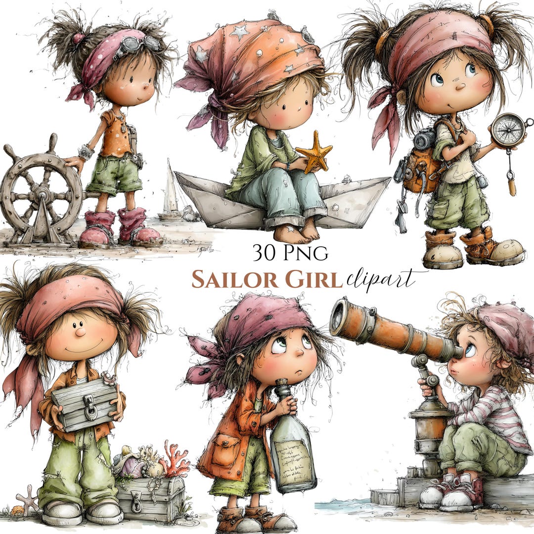Nautical Sailor Girl Clipart Bundle, Watercolor Beach Graphics (30 PNG ...