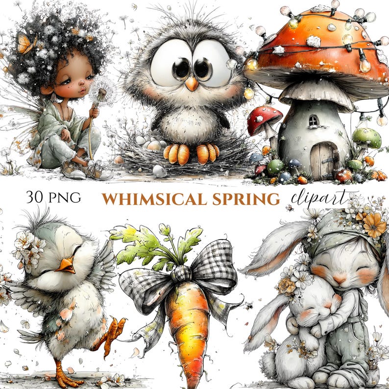 Whimsical Spring Clipart Bundle, Fairy Tale Illustrations (30 PNG ...