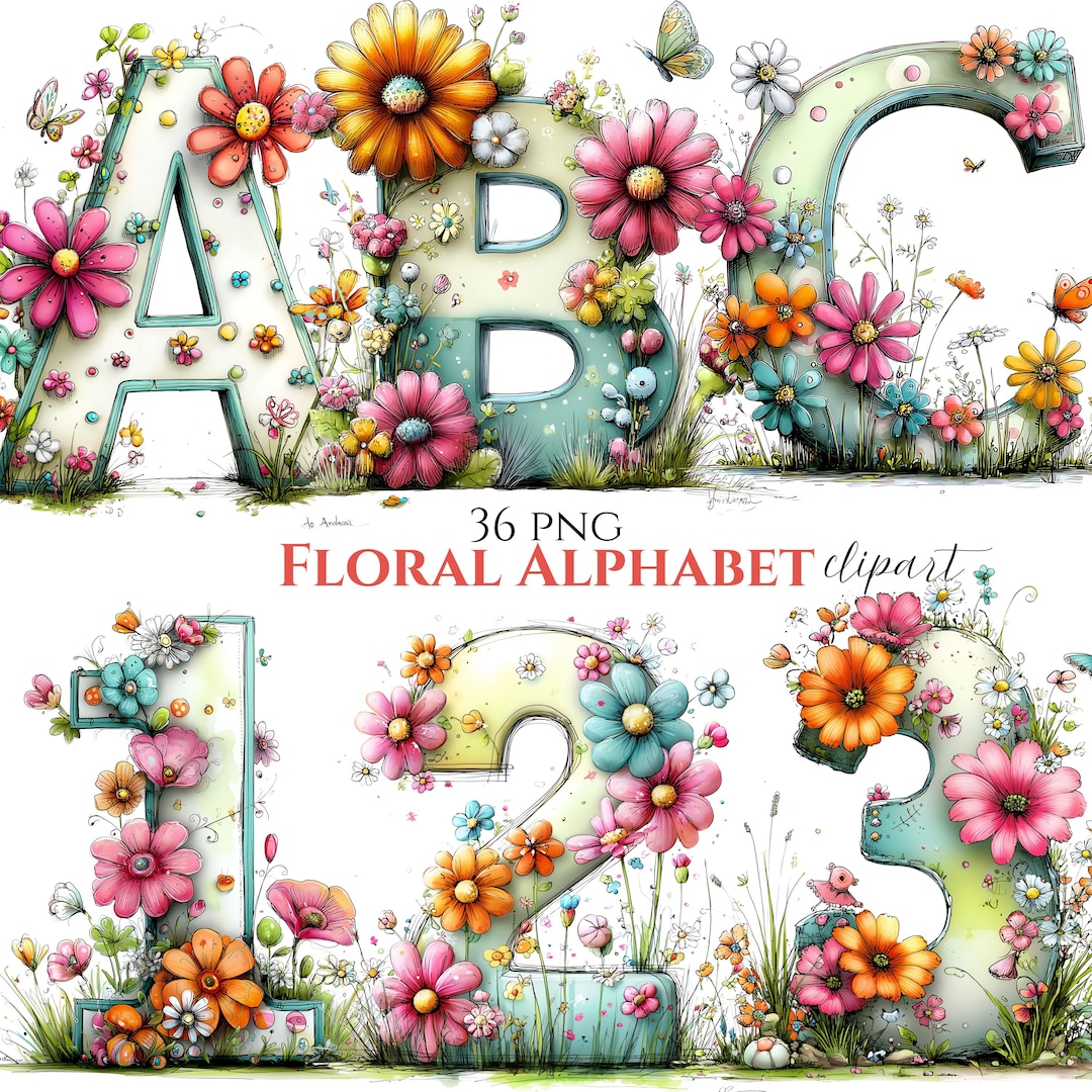 Floral Alphabet Clipart Bundle, Whimsical Flower Monogram Numbers ...